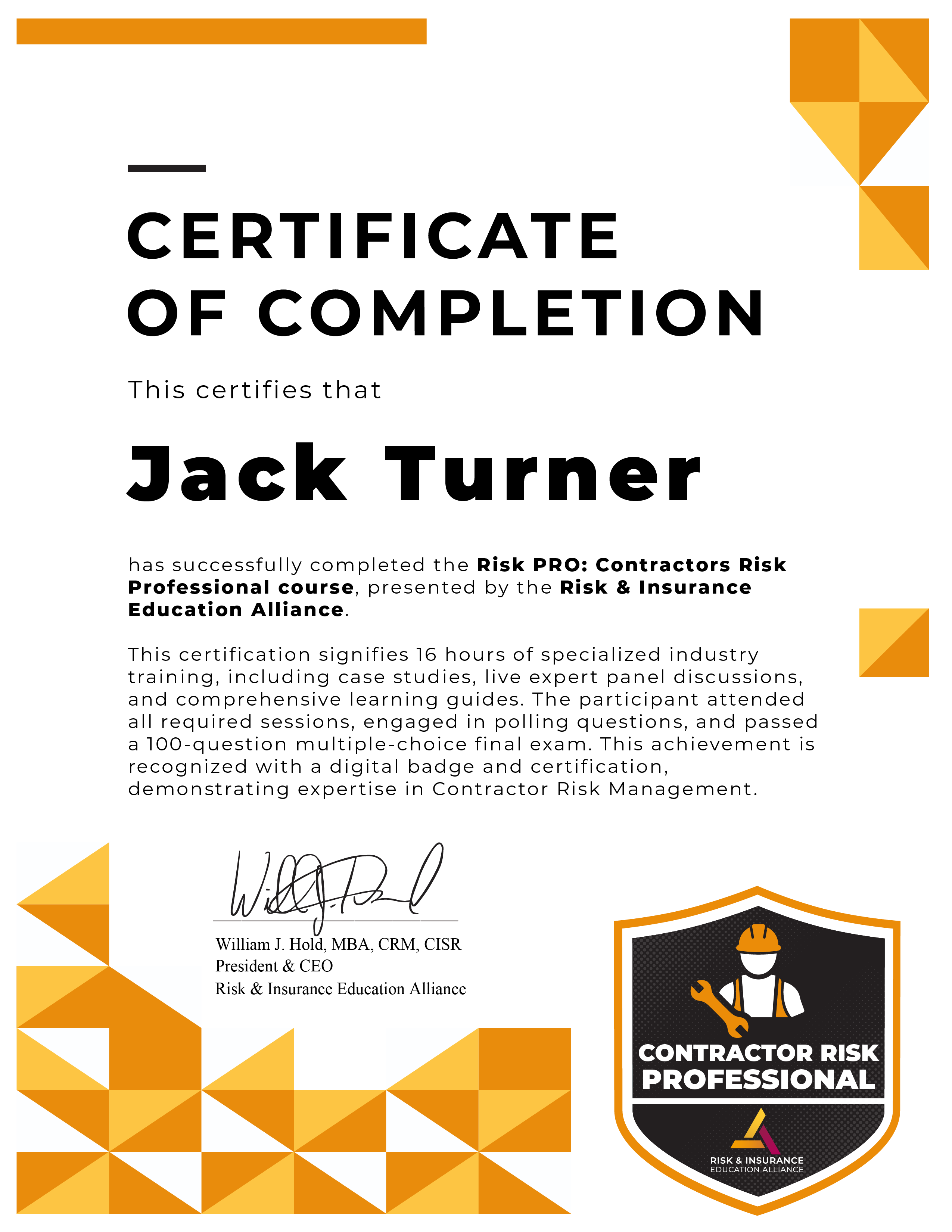 Risk PRO Certificate of Completion & Badge-01 - Risk & Insurance ...